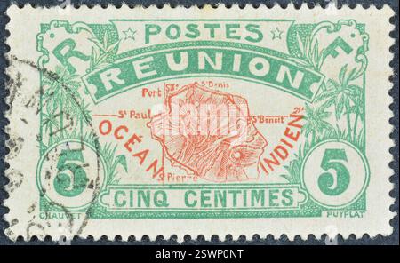 Cancelled postage stamp printed by Reunion, that shows Map of La ...