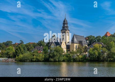 The Main river bank and Sacred Heart Church, Kelsterbach am Main, Hesse ...