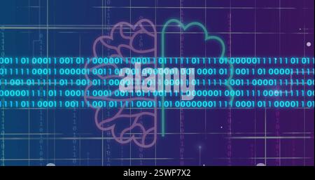 Brain image with binary code and data processing symbols over digital ...
