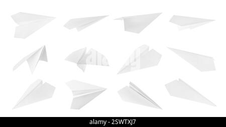 Collage with many different paper planes and boats on white background ...
