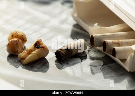 Cigarettes and a black molar pulled out lie on a panoramic dental x-ray ...