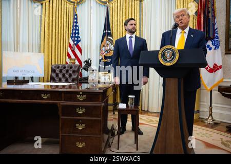 Vice President JD Vance looks on as President Donald Trump speaks ...