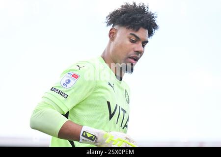 Corey Addai #34 of Stockport County F.C.warms-up before the match ...