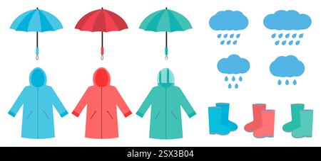 Rainy day essentials featuring raincoat, umbrella Stock Vector Image ...