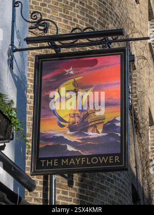 Sign above The Mayflower public house, the oldest pub on the River ...
