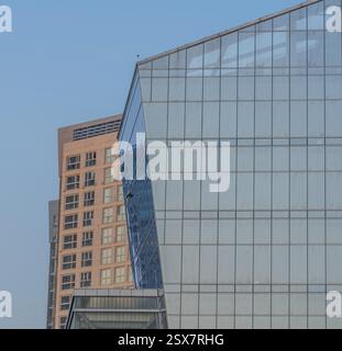 Front view of brick buildings from small balcony with railings Stock ...