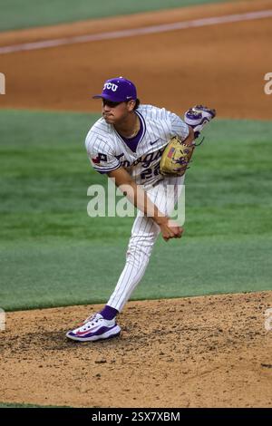 TCU pitcher Louis Rodriguez (22) pitches against Southern California ...