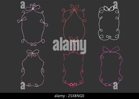 Doodle coquette frames with bows crayon drawing. Vintage line wavy ...