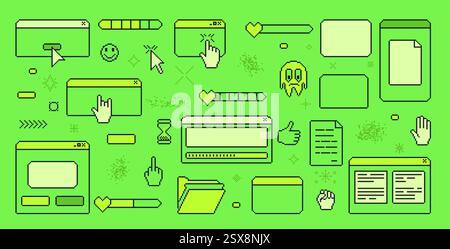 Pixel art frames. Retro 8 bit buttons, arrows, speech bubble messages ...