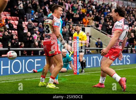 Leigh Leopards' Keanan Brand celebrates scoring a try against Catalans ...