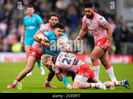 Leigh Leopards' Ethan O'Neill (centre) celebrates his try against ...