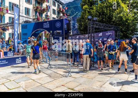 UTMB trail running competition finish line. Ultra trail du Mont Blanc ...
