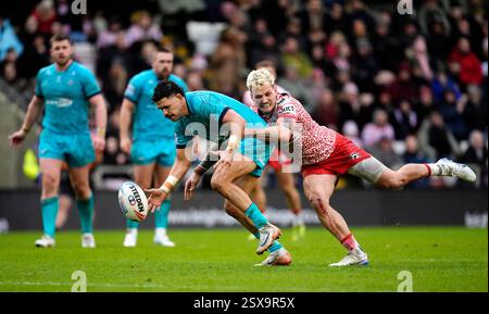 Huddersfield Giants' Jacob Gagai is tackled by Hull Kingston Rovers ...