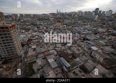 General view of Soviet buildind and modernt building in center of Baku ...