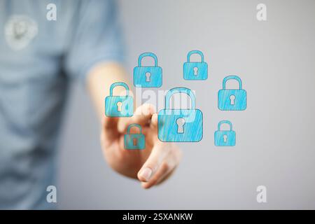 businessman hand locks in screen on white background Stock Photo - Alamy