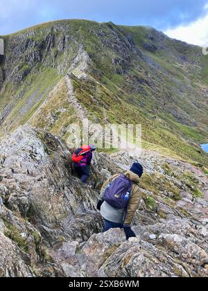 Hikers scrambling across the ridge walk of Striding Edge attempting to ...