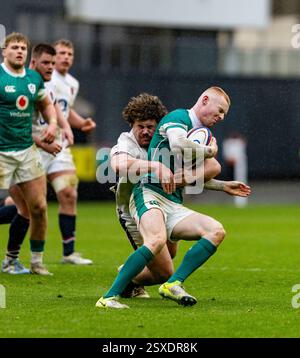 Alfie Barbeary (Bath Rugby,Banbury RUFC) tackles Nathan Doak (Banbridge ...