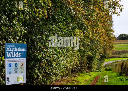 Sign for Martlesham Wilds, Suffolk Wildlife Trust farmland rewilding ...