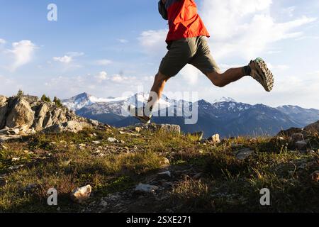 Trail runner moving over rugged terrain with glaciers in view Stock ...