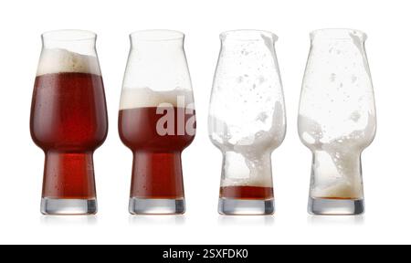 Drinking beer process. From full to empty glass on white background ...