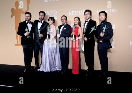Hiroyuki Sanada, left, and Anna Sawai present the award for outstanding writing for a drama ...