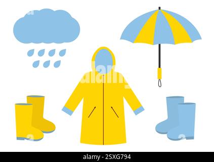 Rainy day essentials featuring raincoat, umbrella Stock Vector Image ...