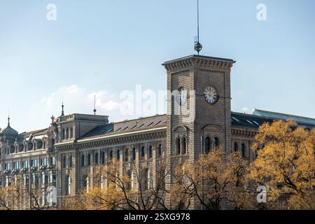 Zurich. Former Post office building and clock tower in Old Town ...