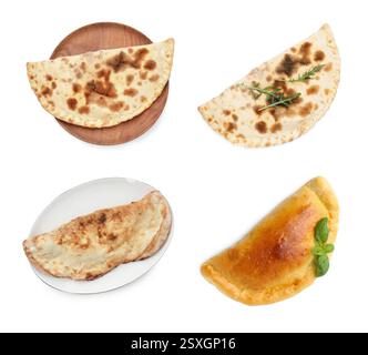 Different delicious calzones isolated on white, set Stock Photo - Alamy