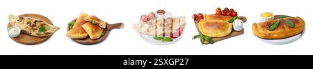 Different delicious calzones isolated on white, set Stock Photo - Alamy