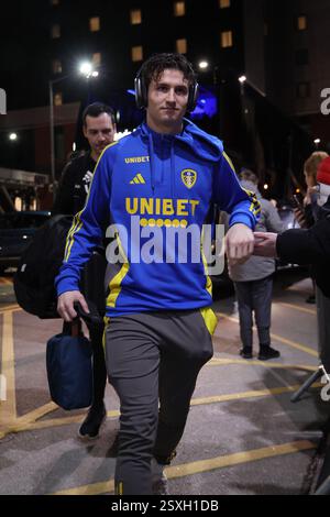 Brenden Aaronson of Leeds United arrives ahead of the Premier League ...