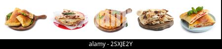 Different delicious calzones isolated on white, set Stock Photo - Alamy