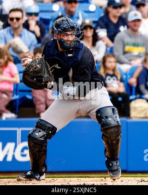 New York Yankees' Ben Rice catches during the ninth inning of the first ...
