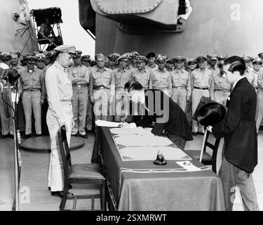 The signing of the Japanese surrender on board the American batleship ...