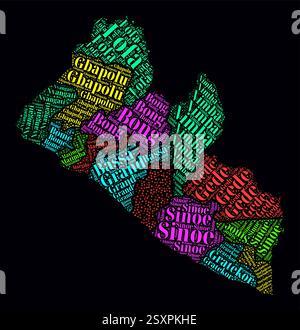 Liberia regions map word cloud. Liberia region names. Black and white ...