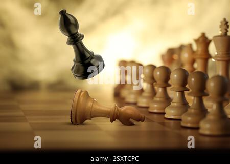 Chess game. Black bishop beating white king in air over chessboard ...