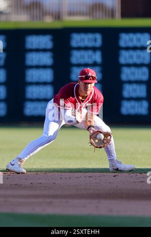 February 25, 2025: Razorback infielder Nolan Souza (3) prepares to make ...