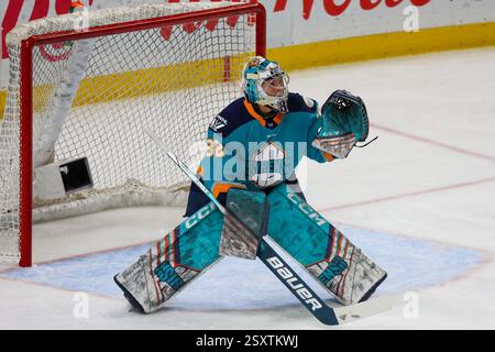 New York Sirens goaltender Kayle Osborne (82) watches the puck as ...