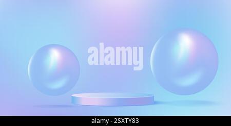 Hologram 3d stage with circular podium and floating balls. Realistic ...