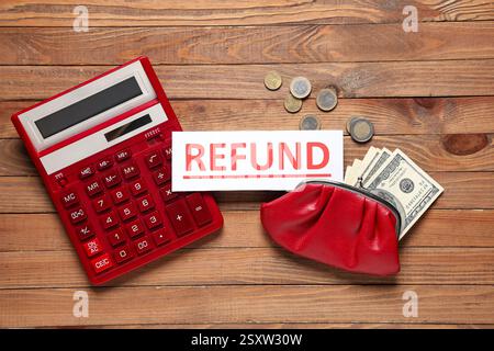 Paper with word REFUND, wallet, calculator and receipts from food ...