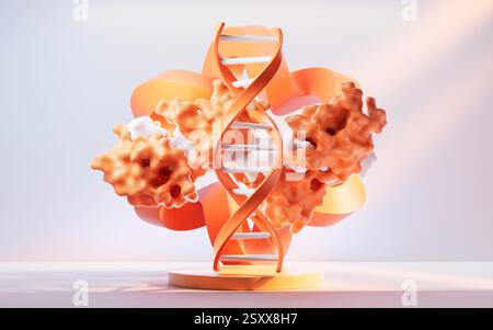 Proteins with biological DNA background, 3d rendering. 3D illustration ...