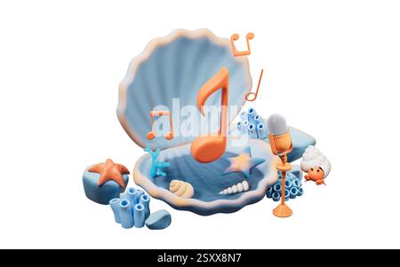 Scallop shell underwater and music notes, 3d rendering. 3D illustration ...
