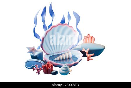 Scallop shell underwater with cartoon style, 3d rendering. 3D ...