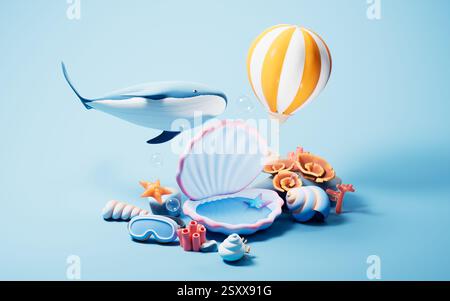 Scallop shell underwater with cartoon style, 3d rendering. 3D ...