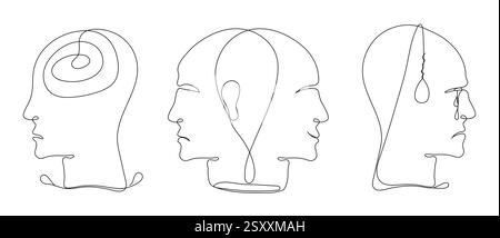 Continuous line drawing representing human head with brain waves ...