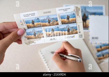 TERNOPIL, UKRAINE - June 28: Postage stamps "Russian warship... done ...