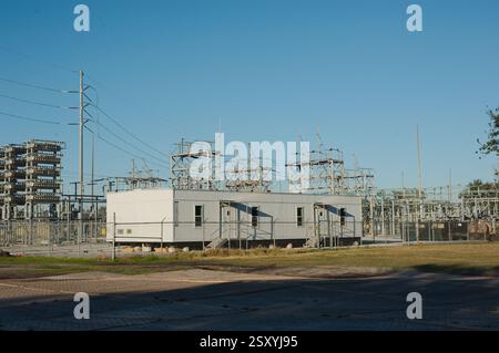 Vertical view of the Electric substation Leading lines poles with High ...