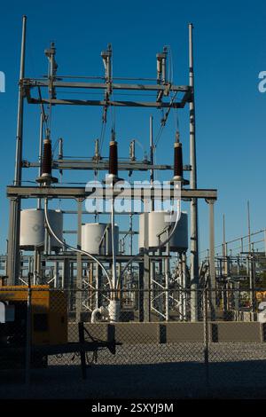 Vertical view of the Electric substation Leading lines poles with High ...