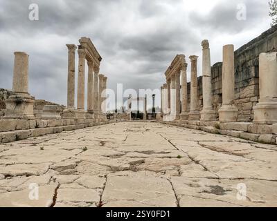 Ancient agora, bazaar street with columns in the ancient Greek Roman ...