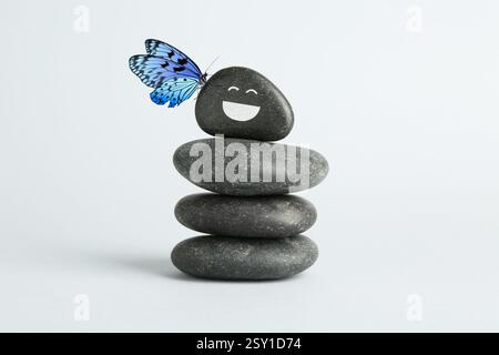 Butterfly on stone with smiling face, stack of pebbles on white ...