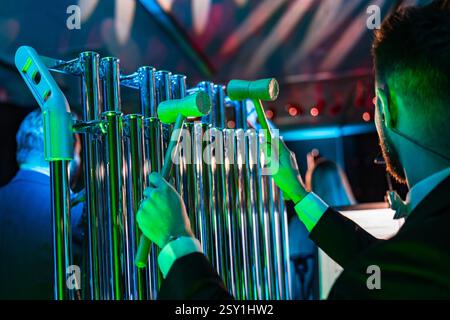 musical instrument - tubular bells struck with a hammers during a ...